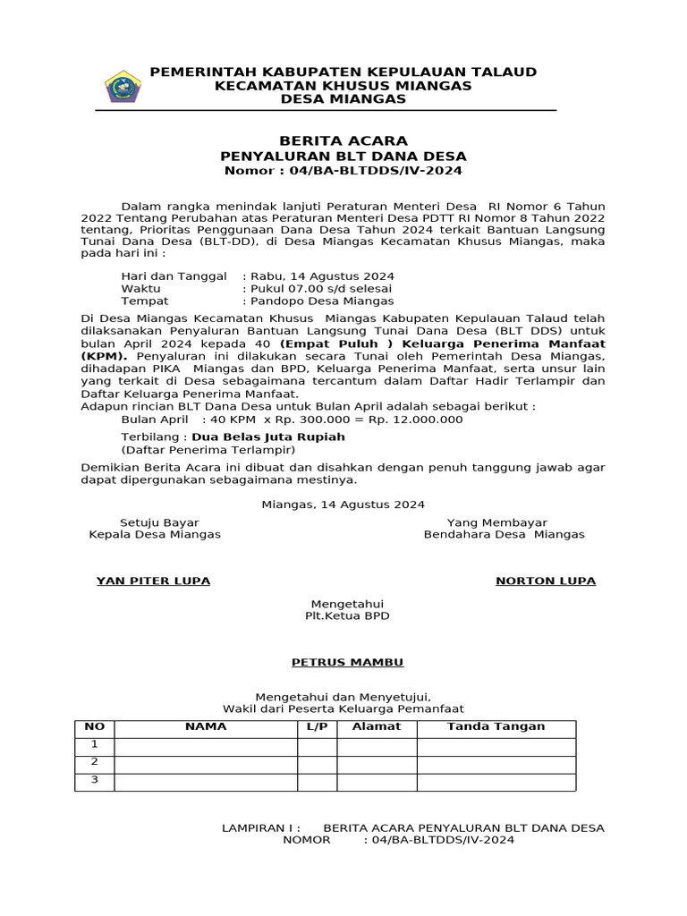 BAP BLT Bulan April Tahun 2024 | PDF
