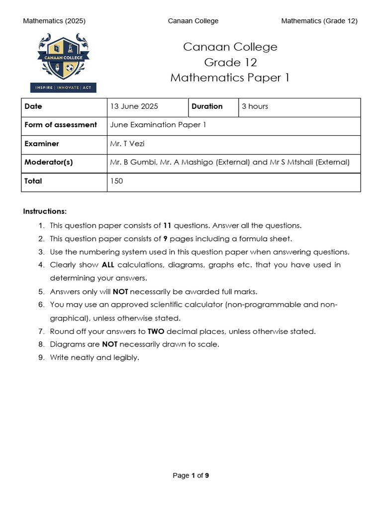 June Midyear Examination Math Paper 1 T Vezi Version 2 Pre-Mod | PDF ...