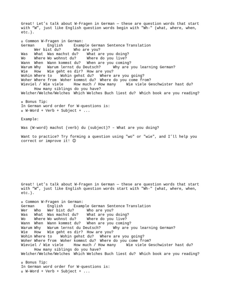 Essential German W-Fragen Guide | PDF