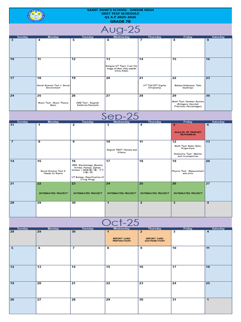 7B JH - Q1 Unit Test Schedule Ay 2025-2026 | PDF