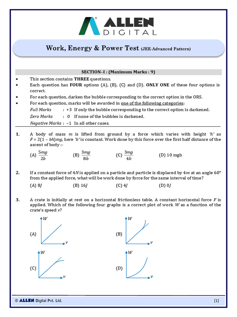 JEE-Advanced Work, Energy & Power Test | PDF | Force | Mechanical ...