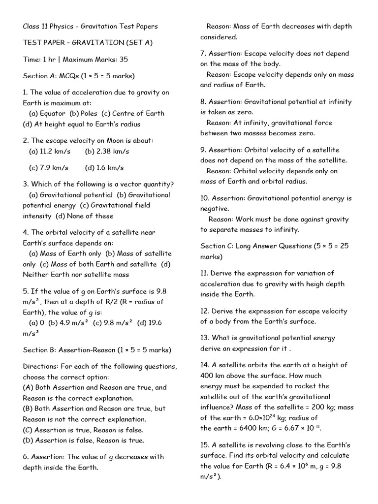Class11 Physics Gravitation Test | PDF | Mass | Potential Energy