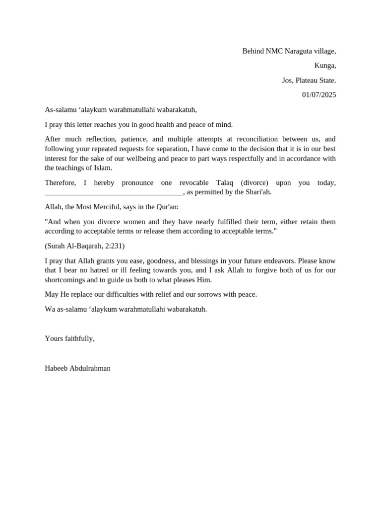 Islamic Divorce Letter Template | PDF
