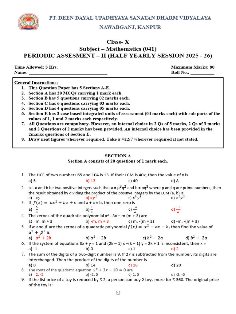 Class 10 Maths PT2 Paper 2025 - 26 | PDF | Quadratic Equation | Polynomial