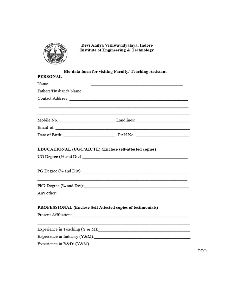 Visiting Faculty Bio-data Form | PDF | Taxes