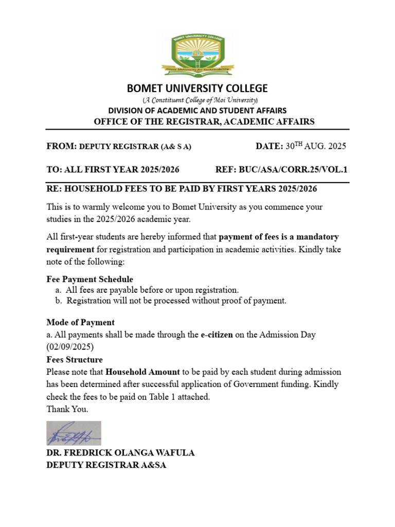 Bomet University First-Year Fee Structure | PDF