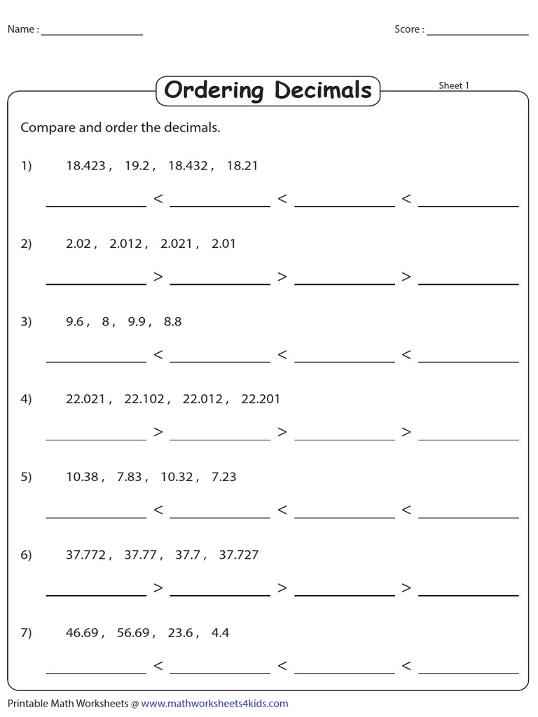 Comparing Decimals Worksheet | PDF