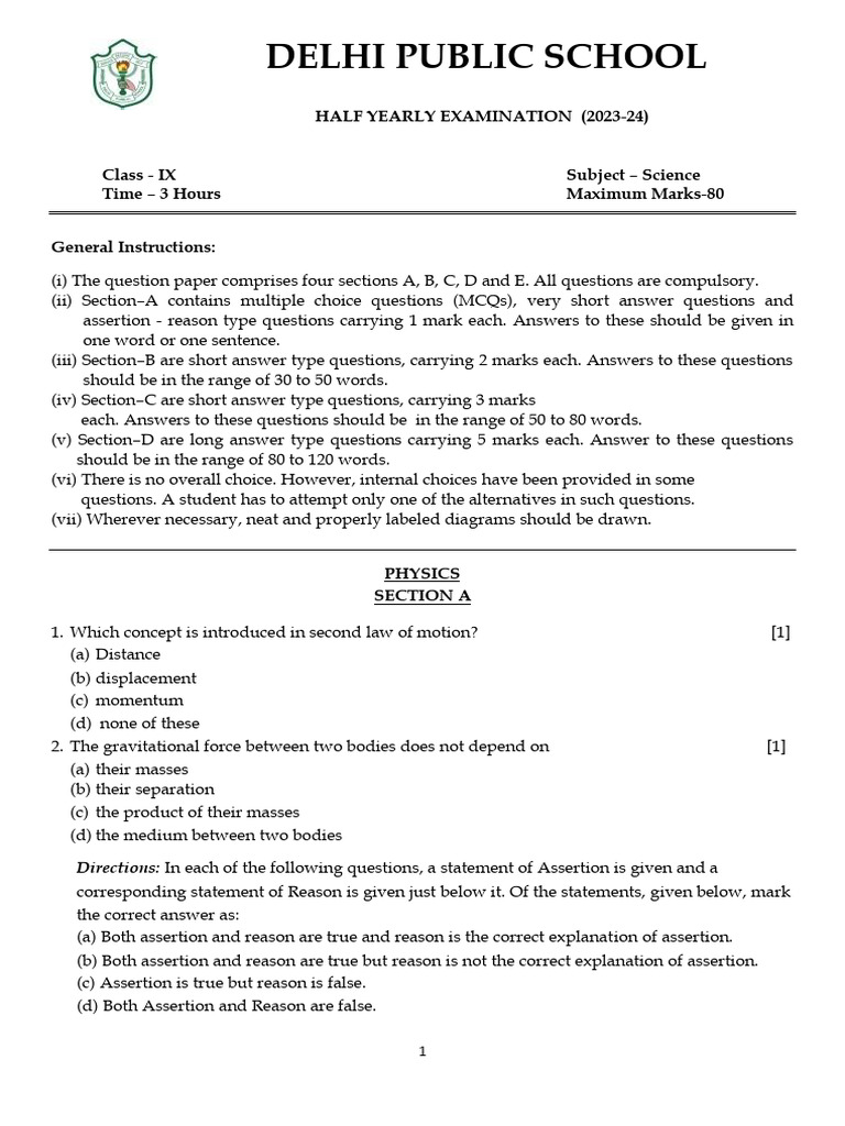 Class IX Science Half-Yearly Exam 2023-24 | PDF | Force | Tissue (Biology)