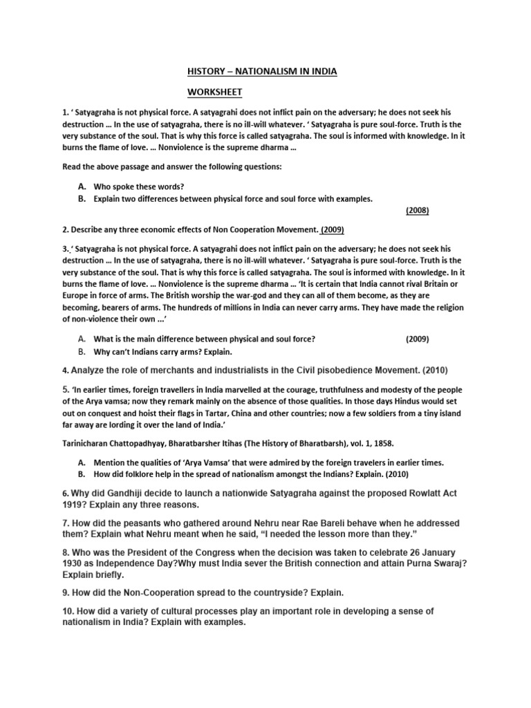 Nationalism in India Worksheet | PDF | Mahatma Gandhi | Politics Of India