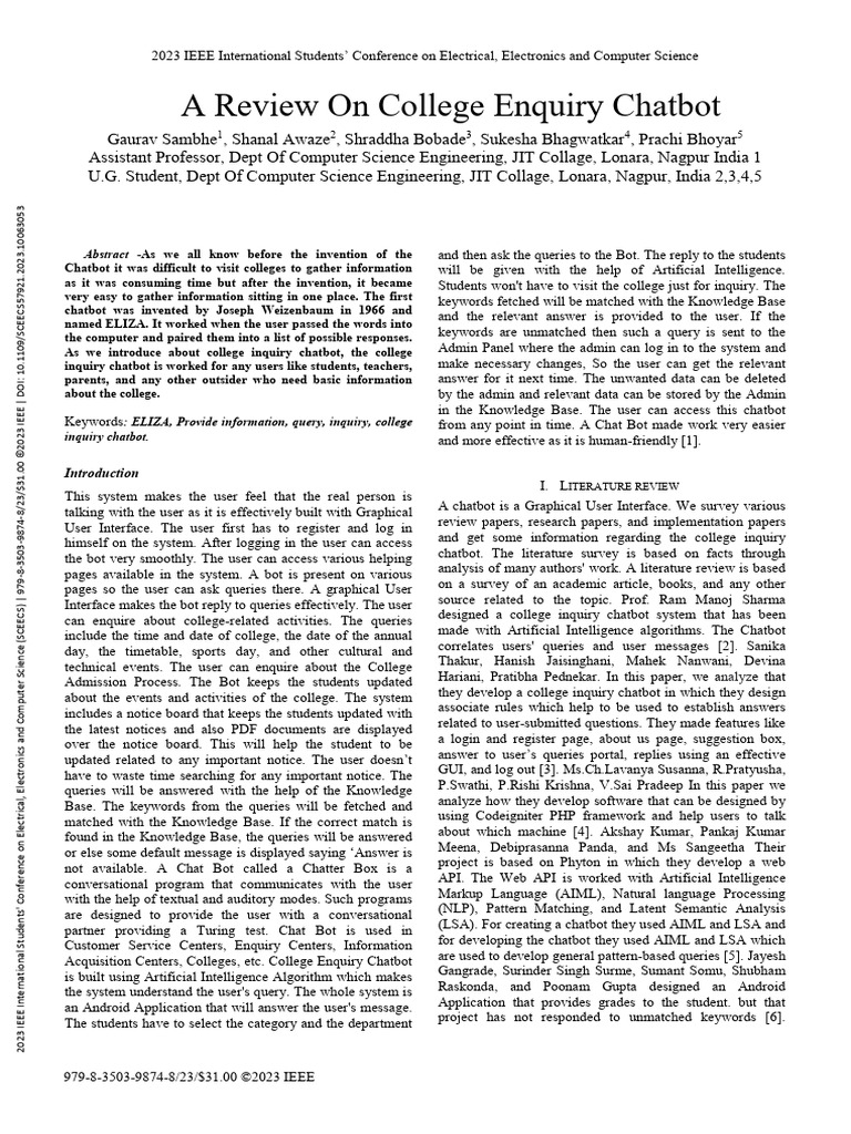 A Review On College Enquiry Chatbot | PDF | Databases | Information Science