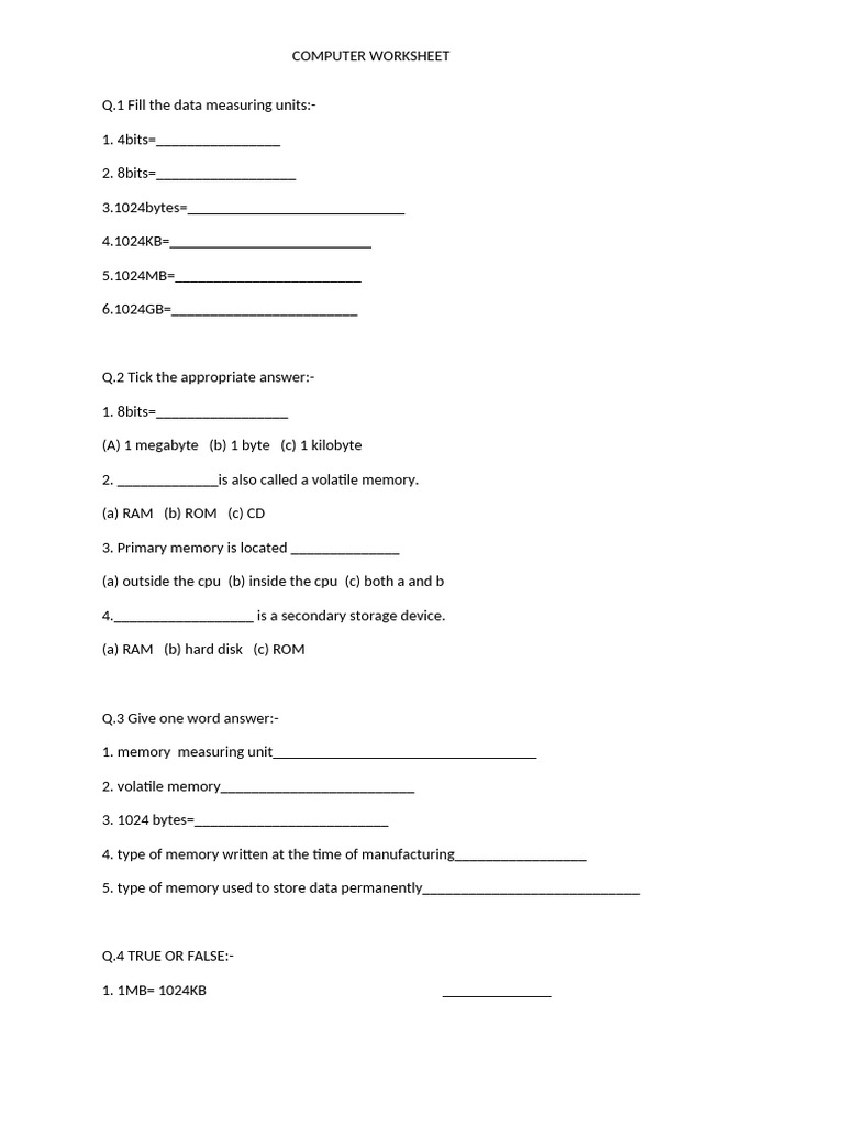 Computer Memory and Storage Worksheet | PDF | Computer Data Storage ...