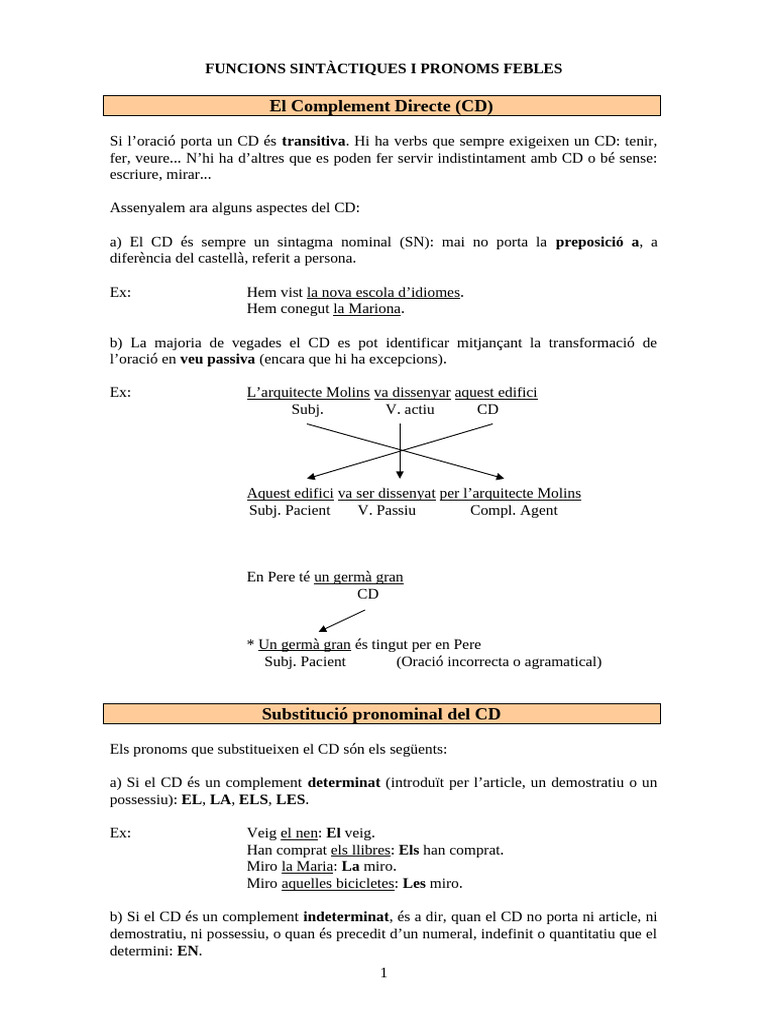 Funcions Sintàctiques I Pronoms Febles. CD, CI I CC | PDF