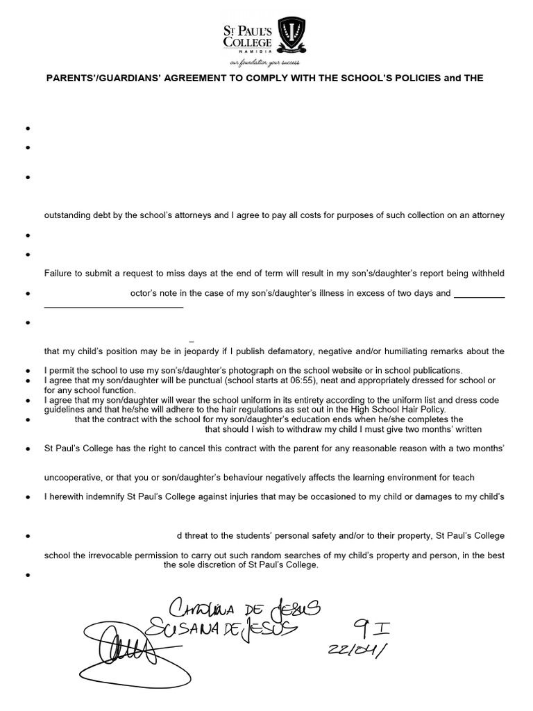 High School Parent Agreement Form | PDF | Justice | Crime & Violence