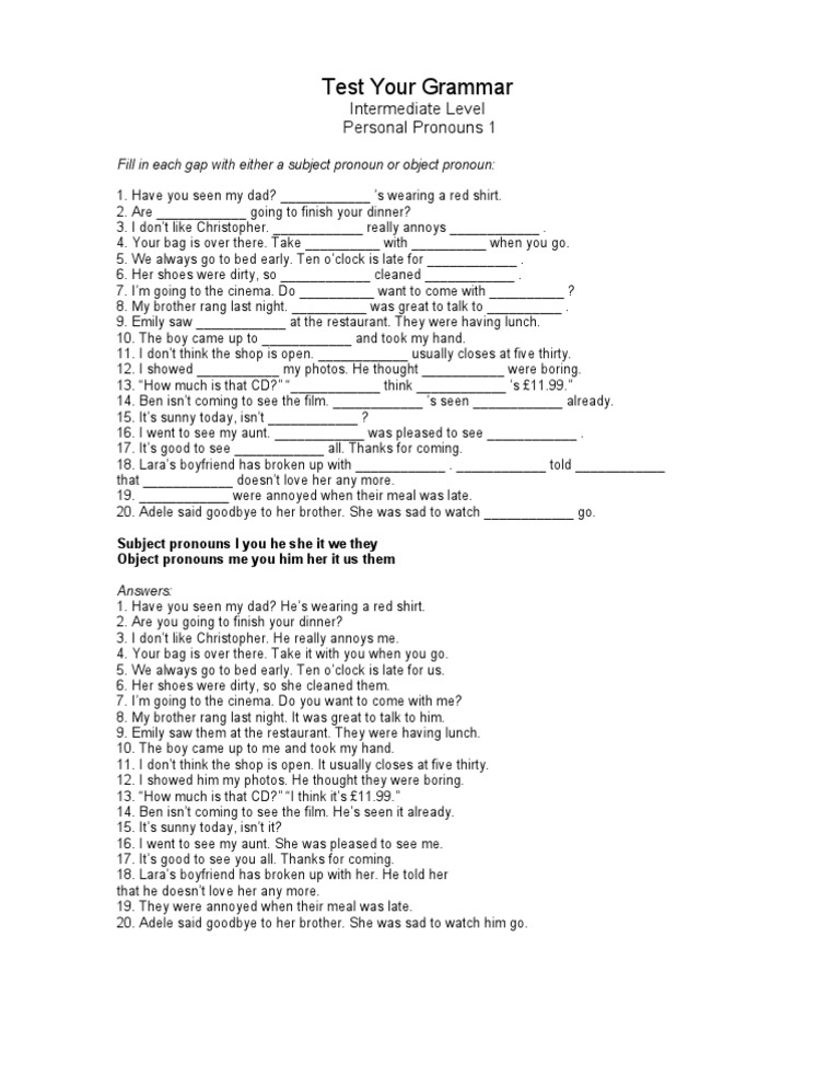 Subj and Obj Pronouns | PDF | Pronoun | Entertainment (General)