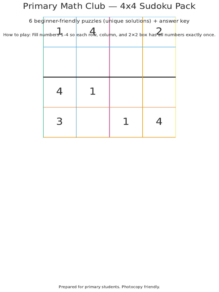 Primary Math Club 4x4 Sudoku Pack | PDF