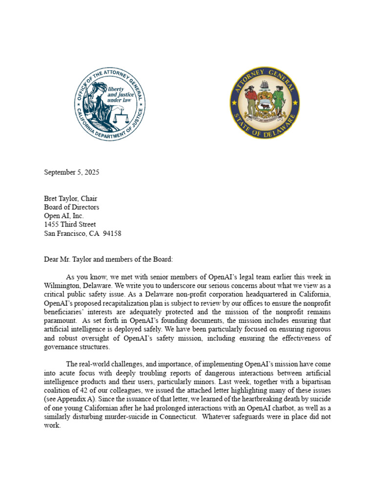 2025-09-05 - Letter From de AG and CA AG - FINAL With NAAG Letter | PDF