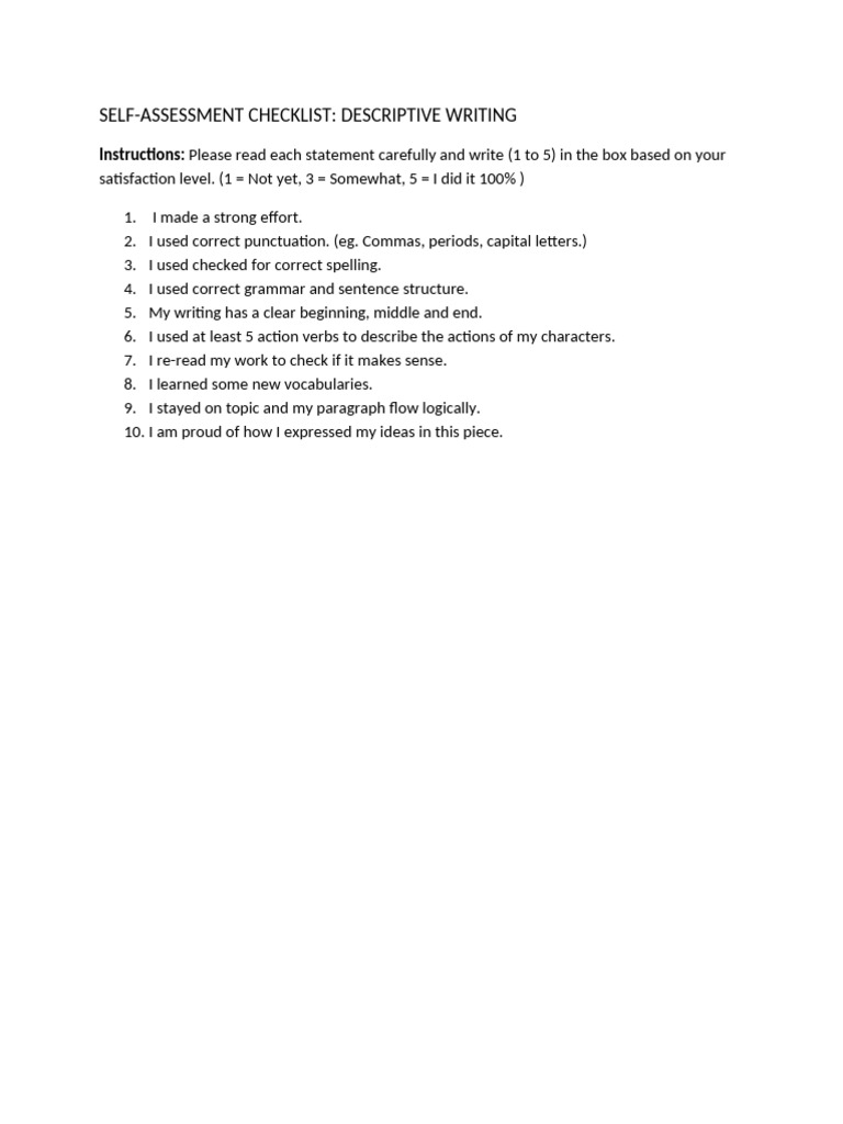 Descriptive Writing Self-Assessment Checklist | PDF