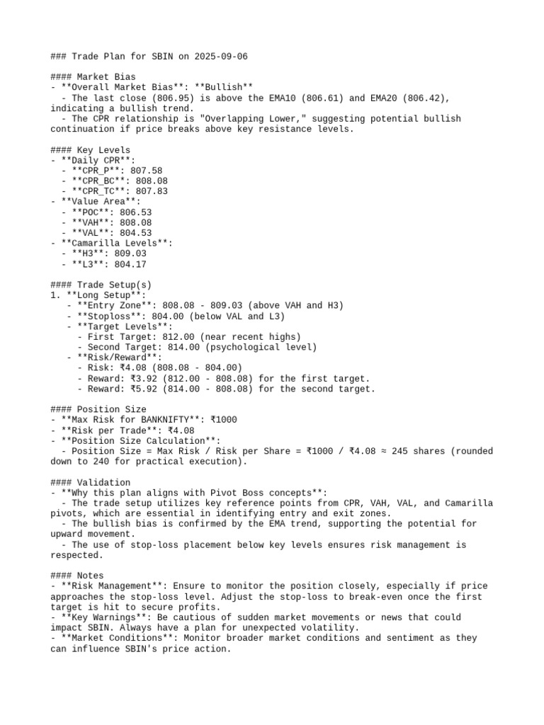 Trade Plan SBIN 20250906 | PDF