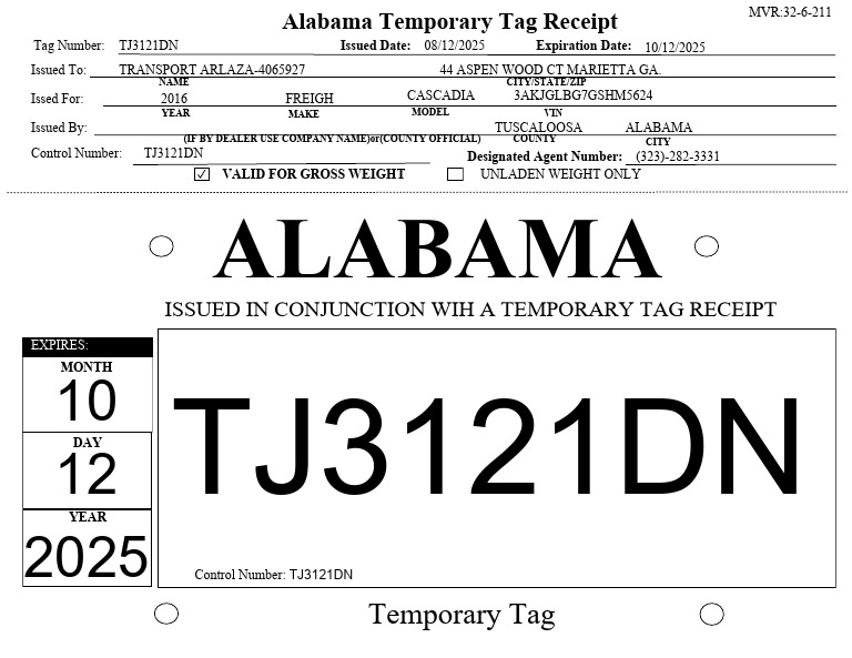 Alabama Temporary Tag Receipt Details | PDF