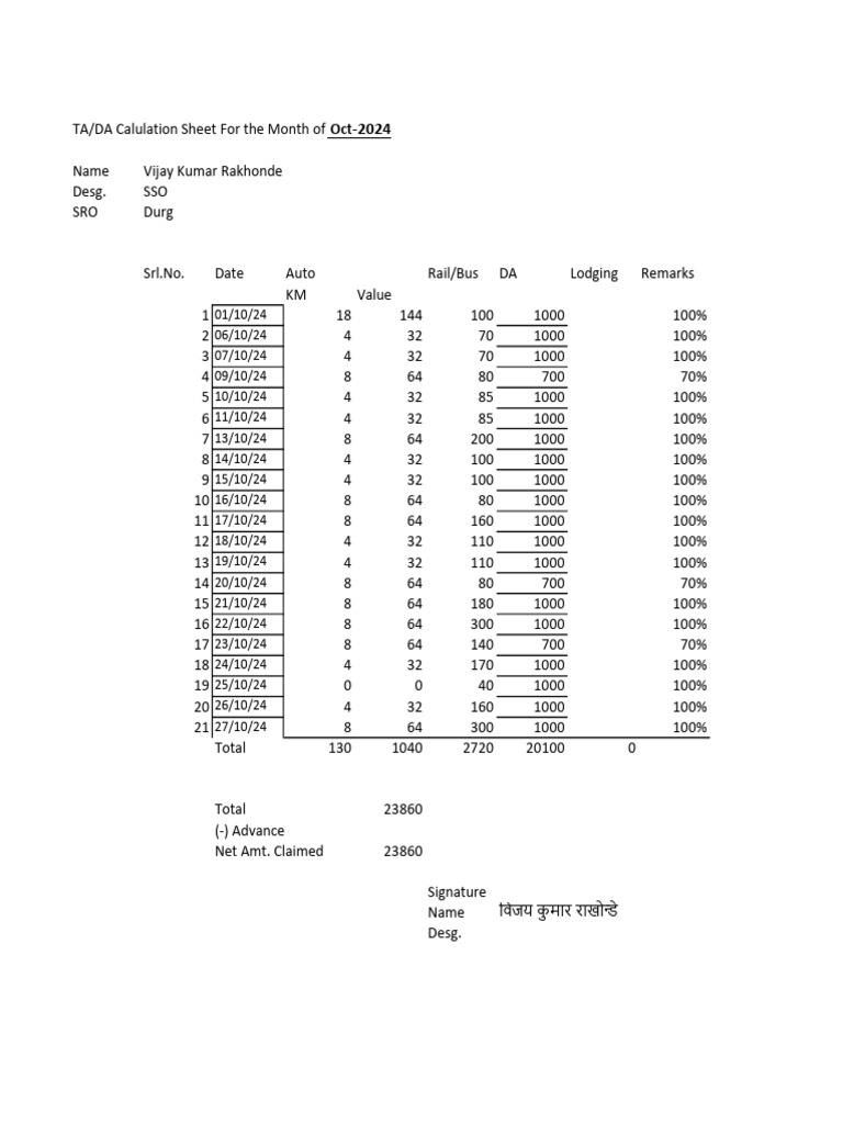 Calculation Sheet Oct 24 | PDF