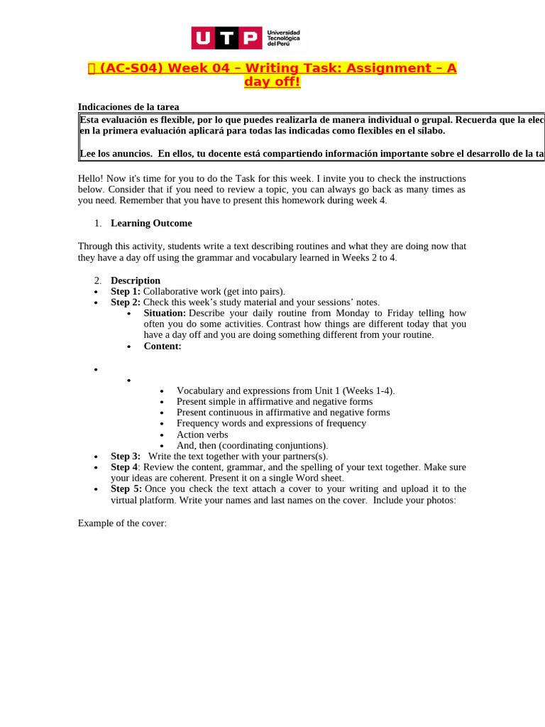Week 04 Writing Task: Day Off Routine | PDF | Language Mechanics | Grammar