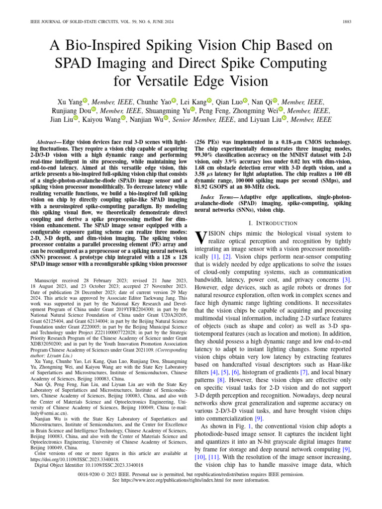 A Bio-Inspired Spiking Vision Chip Based on SPAD Imaging and Direct Spike Computing for ...
