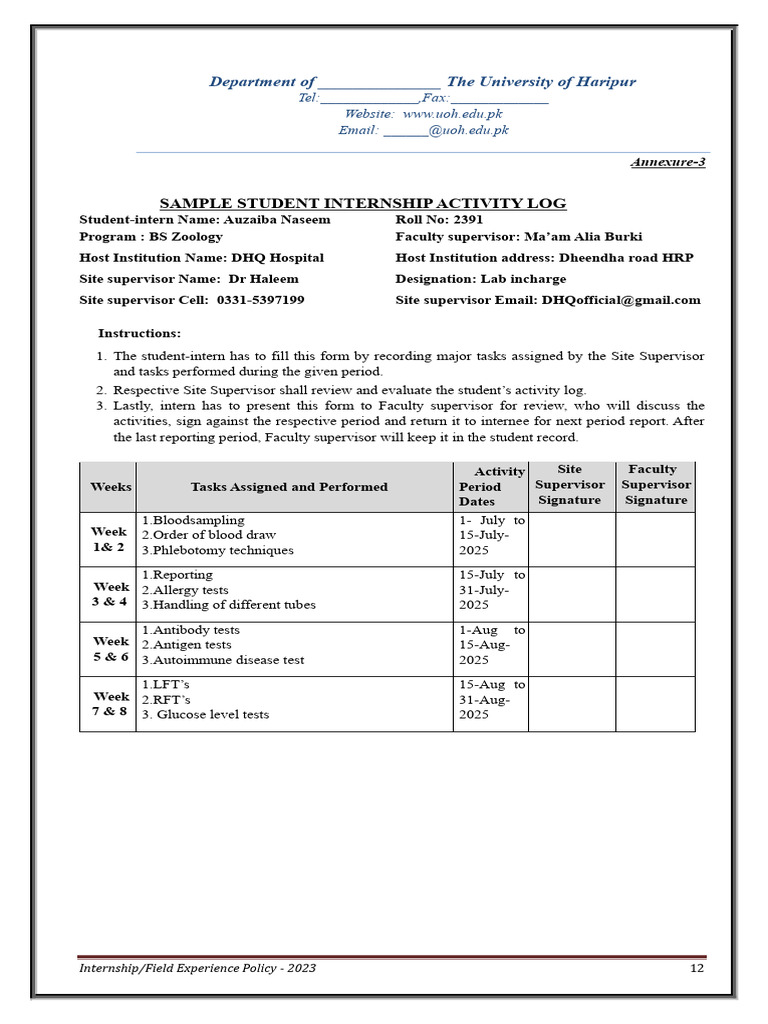 Internship Activity Log Template 2023 | PDF | Blood | Clinical Pathology