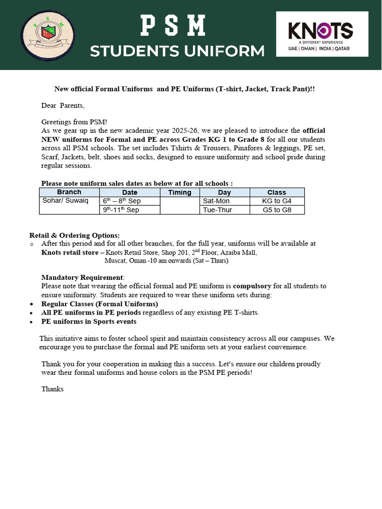 PSM New Uniforms for 2025-26 | PDF