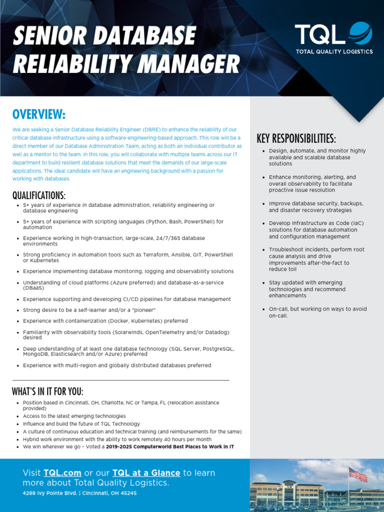 TQL - Senior Database Reliability Engineer | PDF | Databases | Computing