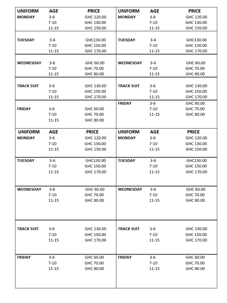 Uniform Price List | PDF
