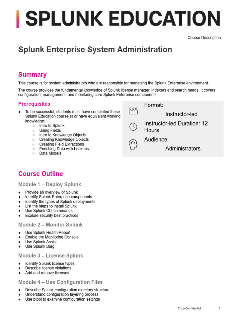 Splunk Enterprise System Administration Course Description | PDF | Data Management | Computer ...