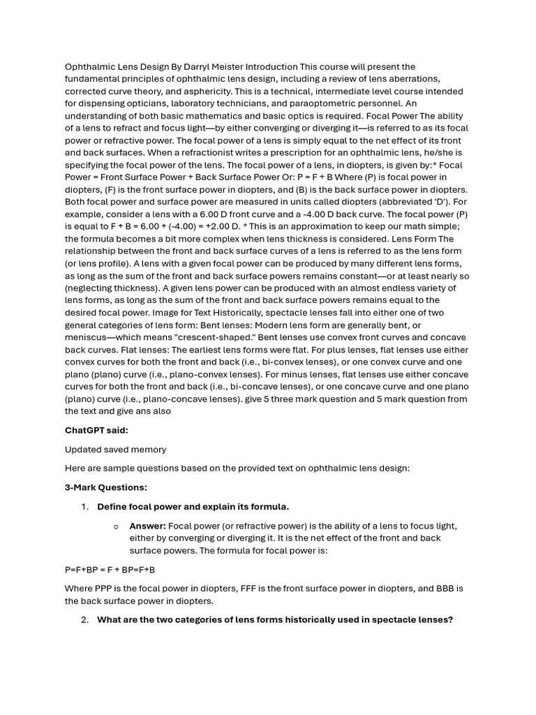 Ophthalmic Lens Design by Darryl Meister Introduction This Course Will ...