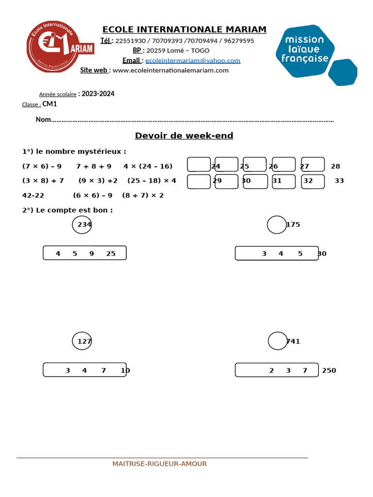 Devoir CM1 : Maths Week-end 2023-2024 | PDF