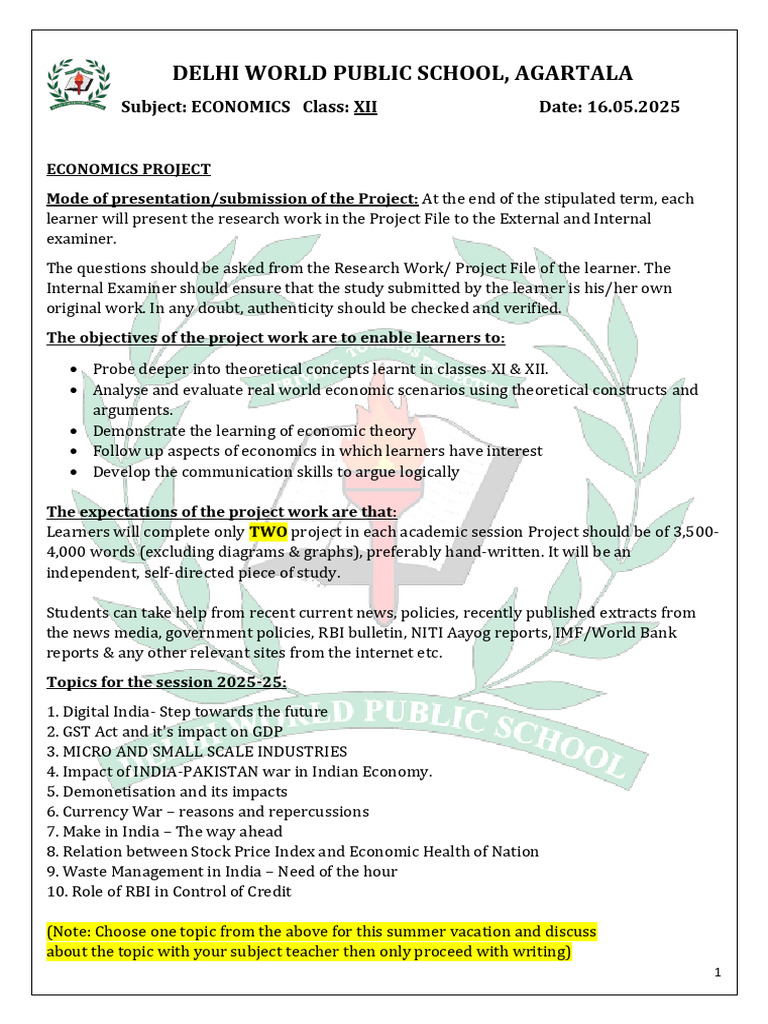 Class 12 Economics Project Topics 2025-26 | PDF