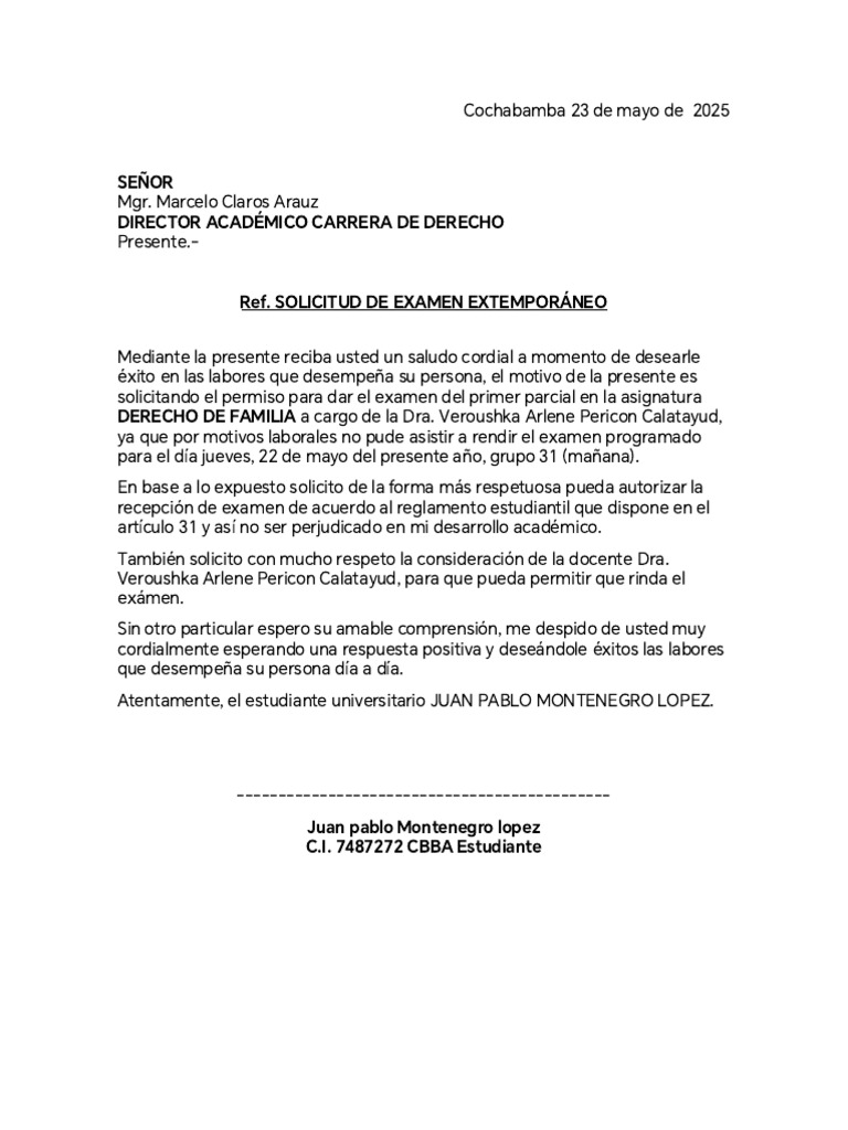 Solicitud de Examen Extemporáneo en Derecho | PDF