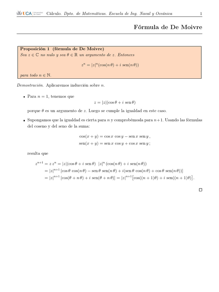 Fórmula de De Moivre en Cálculo Matemático | PDF