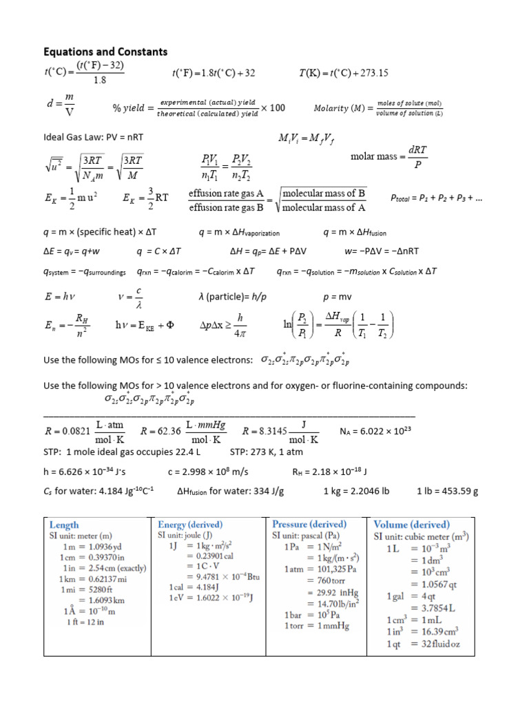 Key Equations and Constants in Chemistry | PDF | Gases | Mole (Unit)