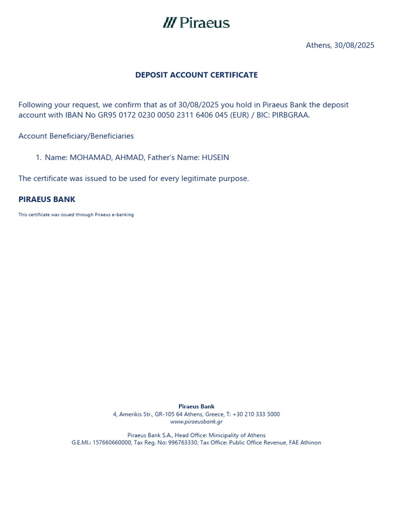 Piraeus Bank Deposit Account Certificate | PDF
