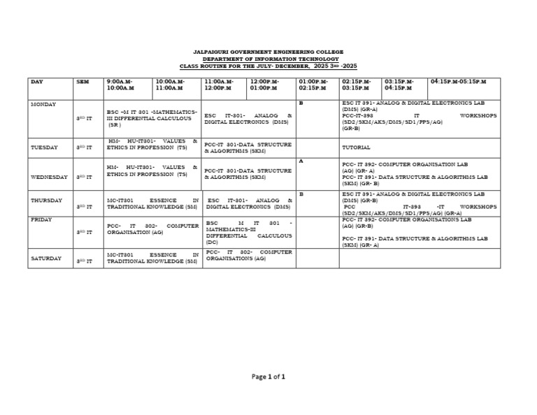 3rd Sem Routine It July Dec'2025 | PDF