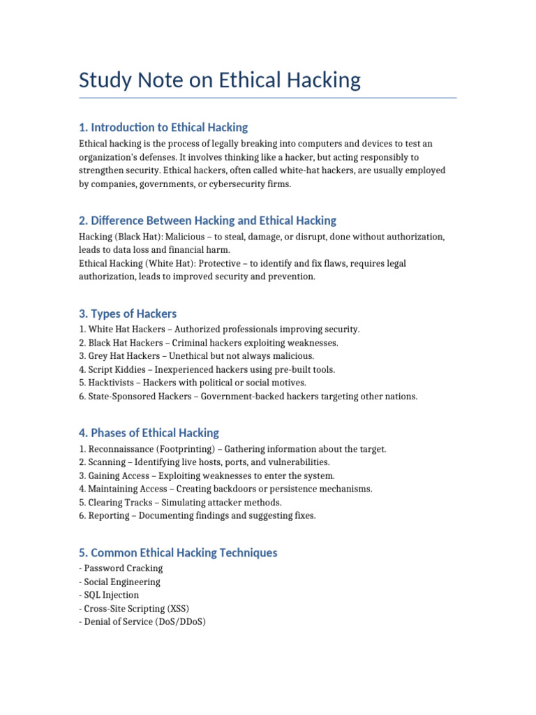 Ethical Hacking Study Note | PDF | Security Hacker | White Hat ...