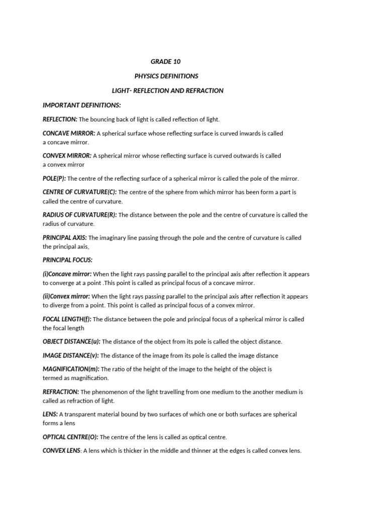 Grade 10 Physics: Light & Electricity Definitions | PDF | Electric ...
