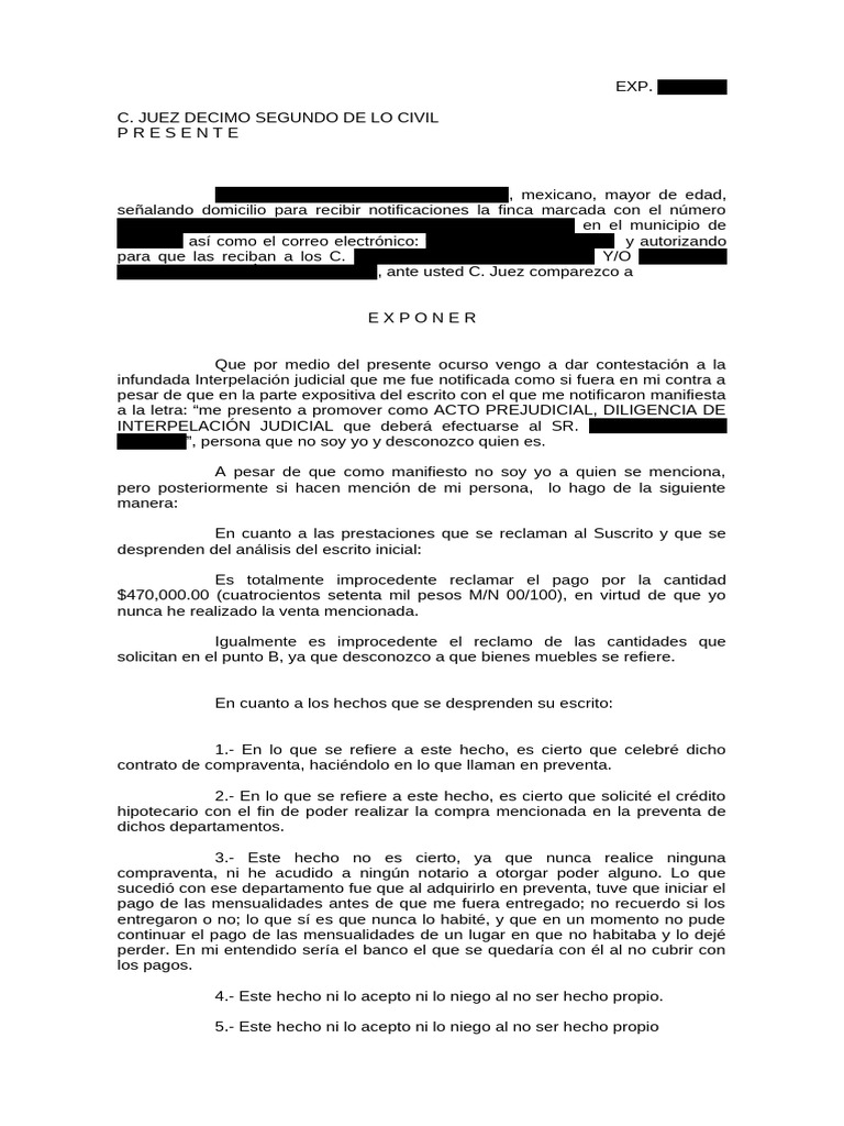 Contestación Acto Prejudicial Diligencia de Interpelación Judicial | PDF