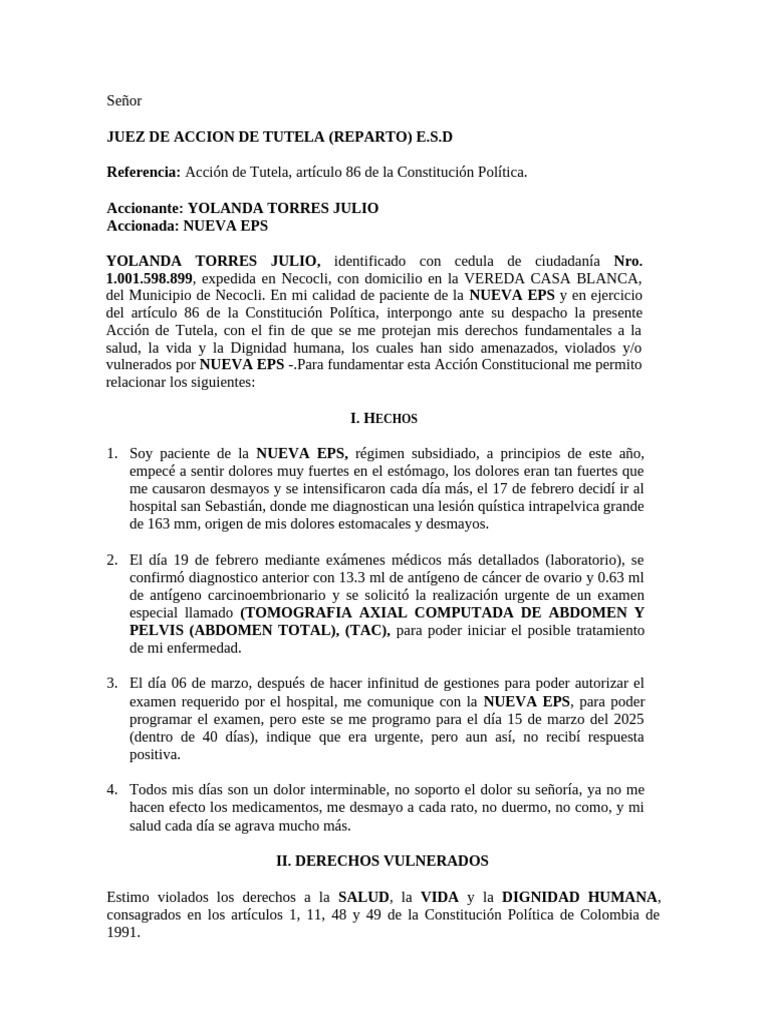 Tutela en Salud Yolanda | PDF | Derecho Constitucional | Ct Scan