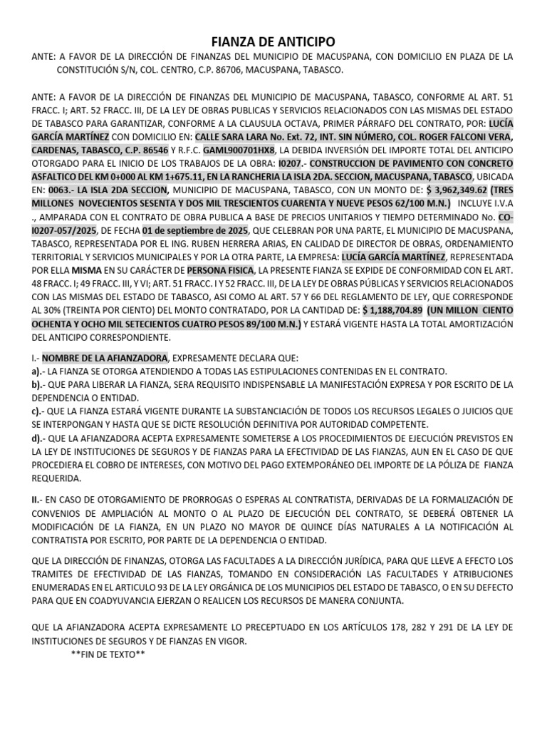 Borrador Fianza Anticipo Lucia | PDF | Póliza de seguros | Gobierno