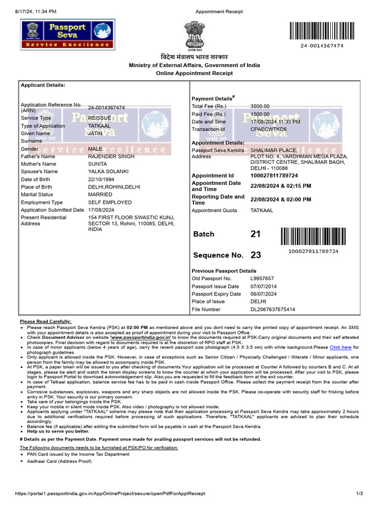 Jatin Passport Application Receipt | PDF | Identity Document | Birth Certificate