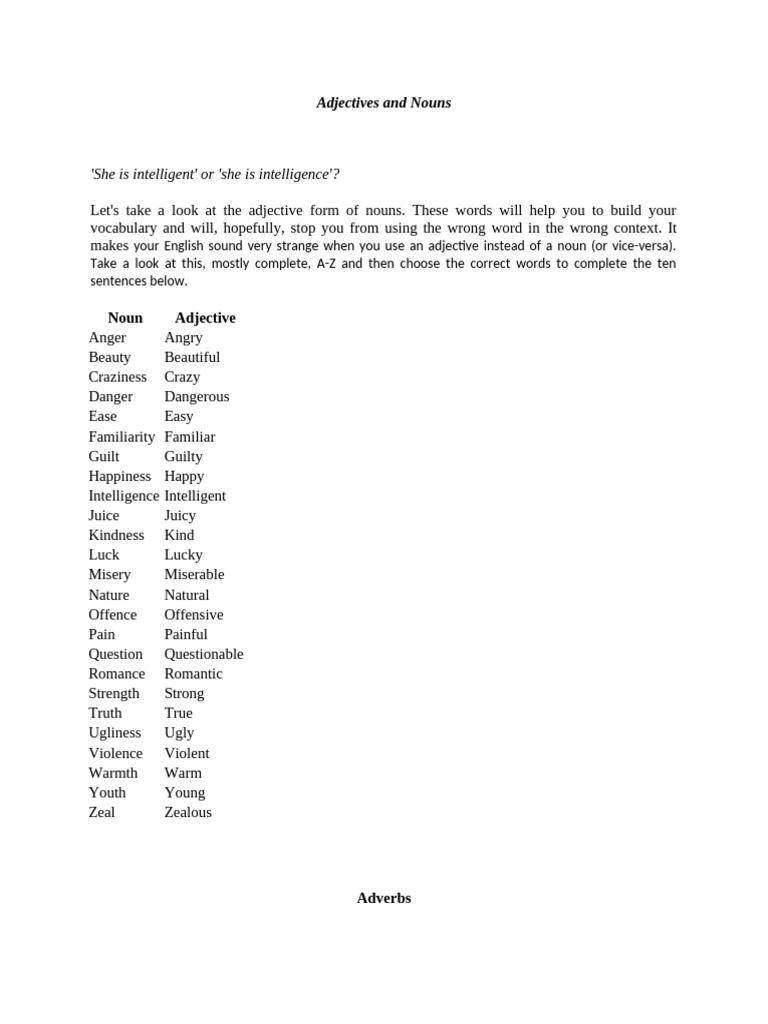 Adjectives, Nouns, and Adverbs Guide | PDF | Adverb | Adjective
