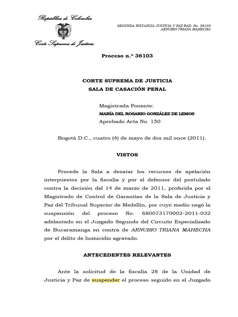 Arnubio Triana Mahecha (Botalón) 36103 (04!05!11) | PDF | Judicaturas ...