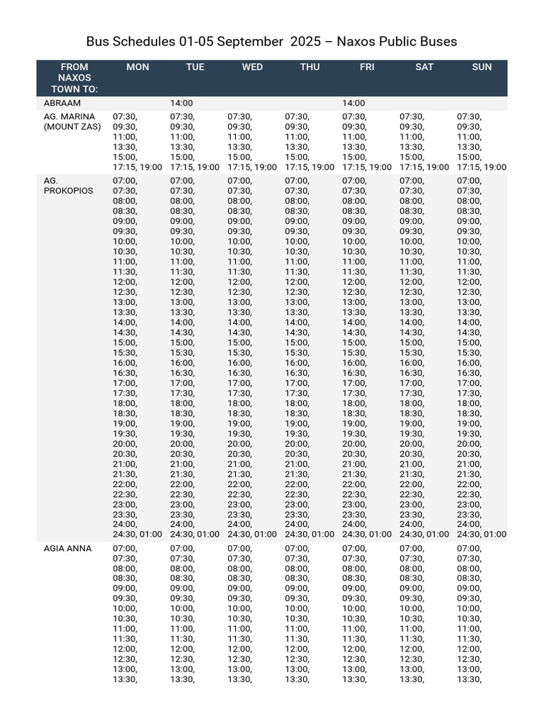 Bus Schedules 01-05 September 2025 - Naxos Public Buses | PDF | Bus ...