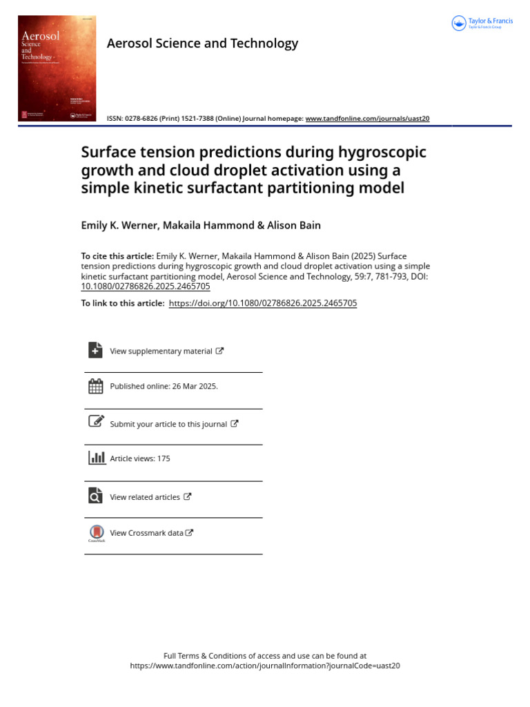 Surface Tension Predictions During Hygroscopic Growth and Cloud Droplet Activation Using A ...