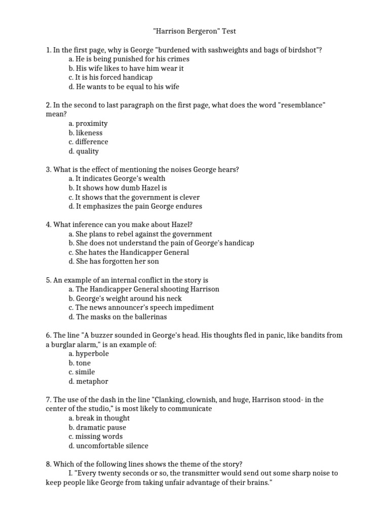 "Harrison Bergeron" Quiz Questions | PDF